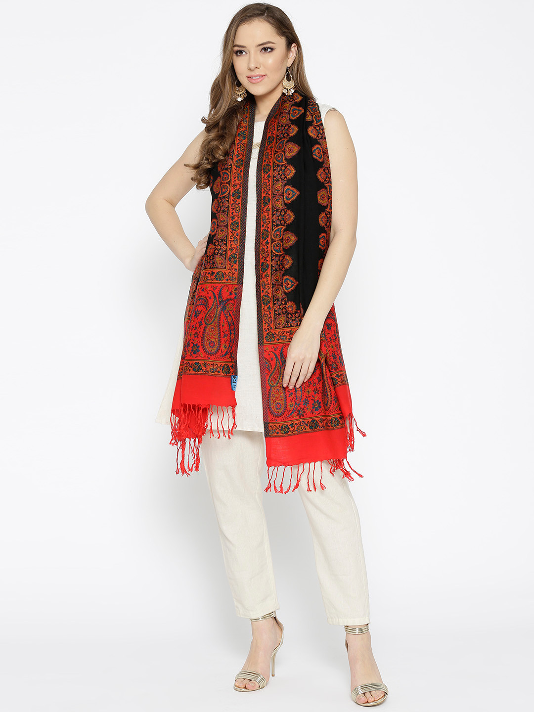 Buy HK Colours Of Fashion Women Red & Black Woven Design Stole - Stoles ...