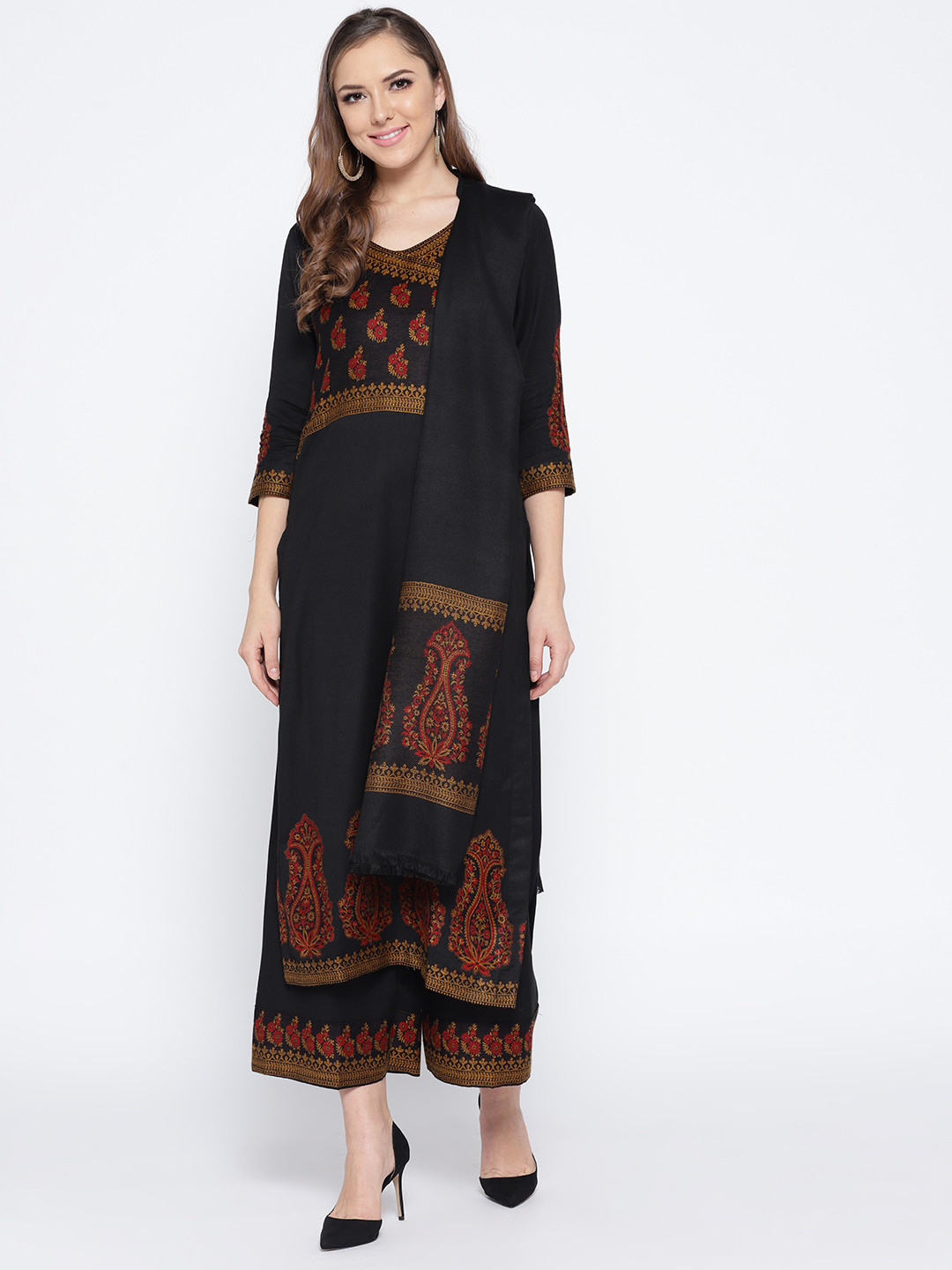 Buy HK Colours Of Fashion Black Woollen Woven Liva Unstitched Dress ...