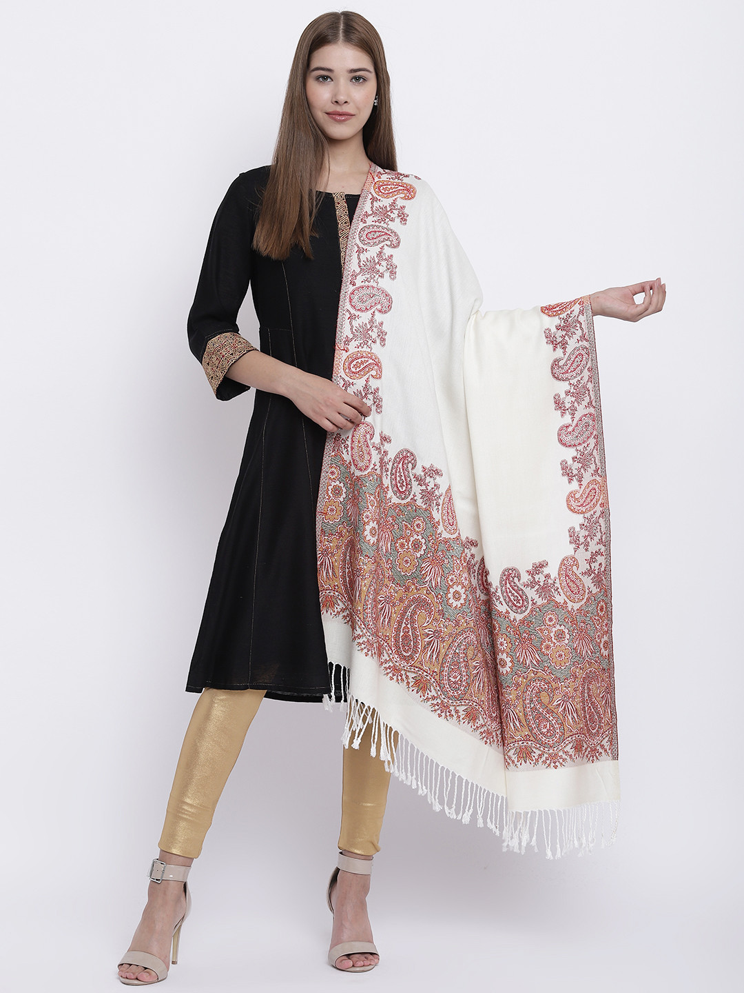 Buy HK Colours Of Fashion Off White Woven Design Shawl - Shawl for ...
