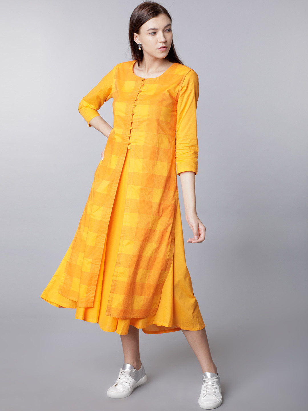 Buy Vishudh Women Yellow Checked A Line Dress With Front Open Jacket ...