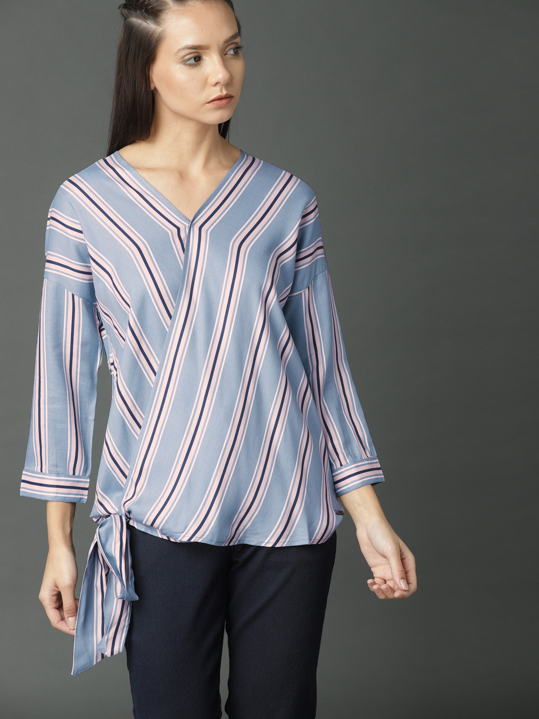 Buy Roadster Women Blue & White Striped Wrap Top - Tops for Women ...