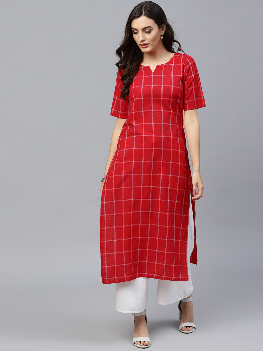 Buy GERUA Women Red Checked Straight Kurta - Kurtas for Women 7424826 ...