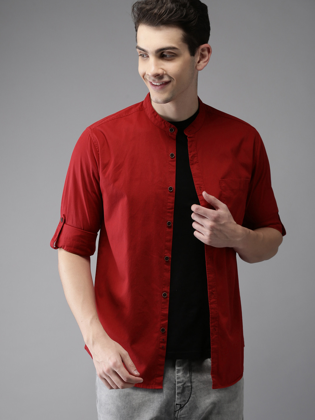 Buy HERE&NOW Men Red Regular Fit Solid Casual Shirt - Shirts for Men ...