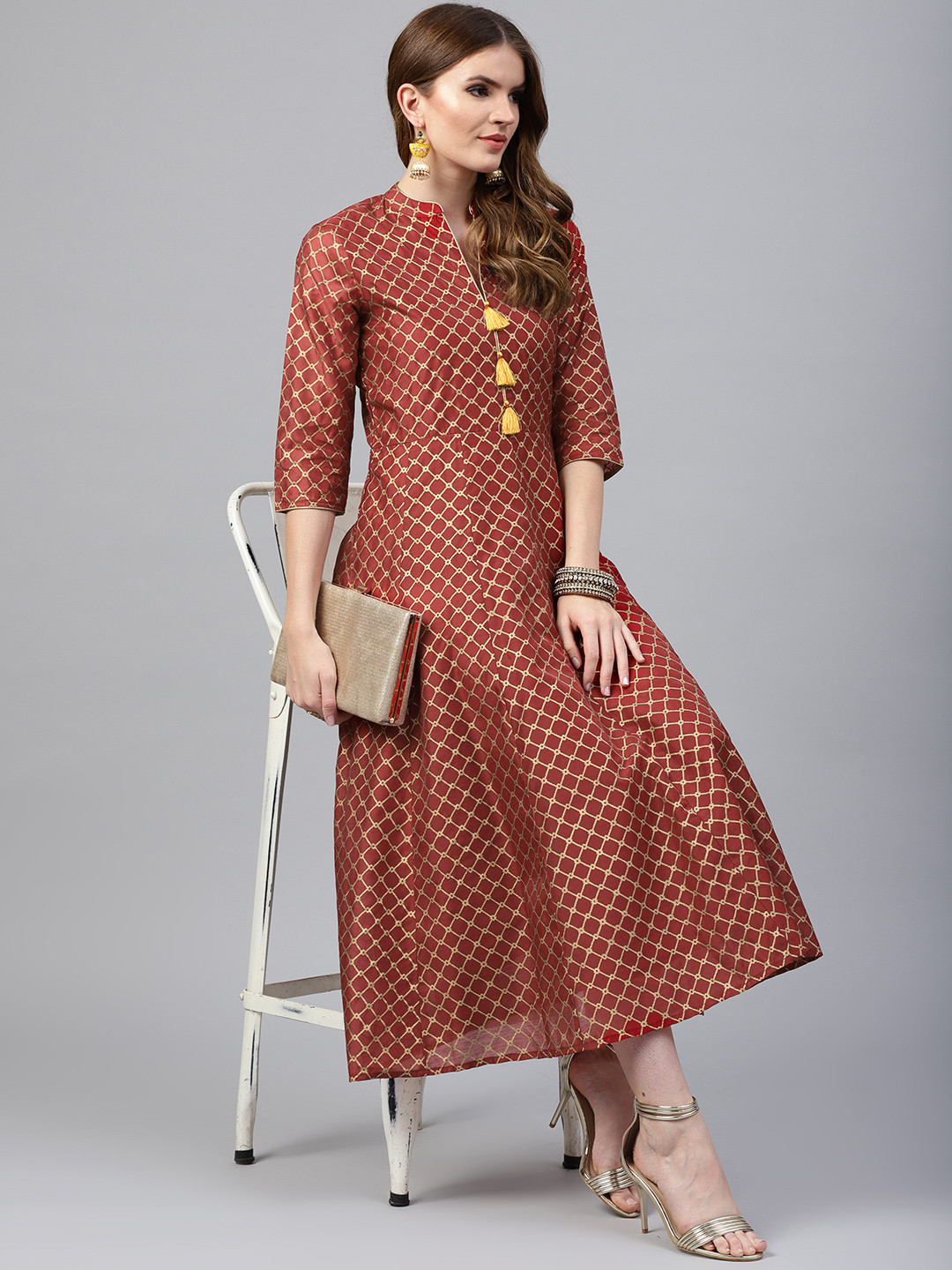 Buy Juniper Women Maroon & Golden Printed Maxi Dress - Ethnic Dresses ...