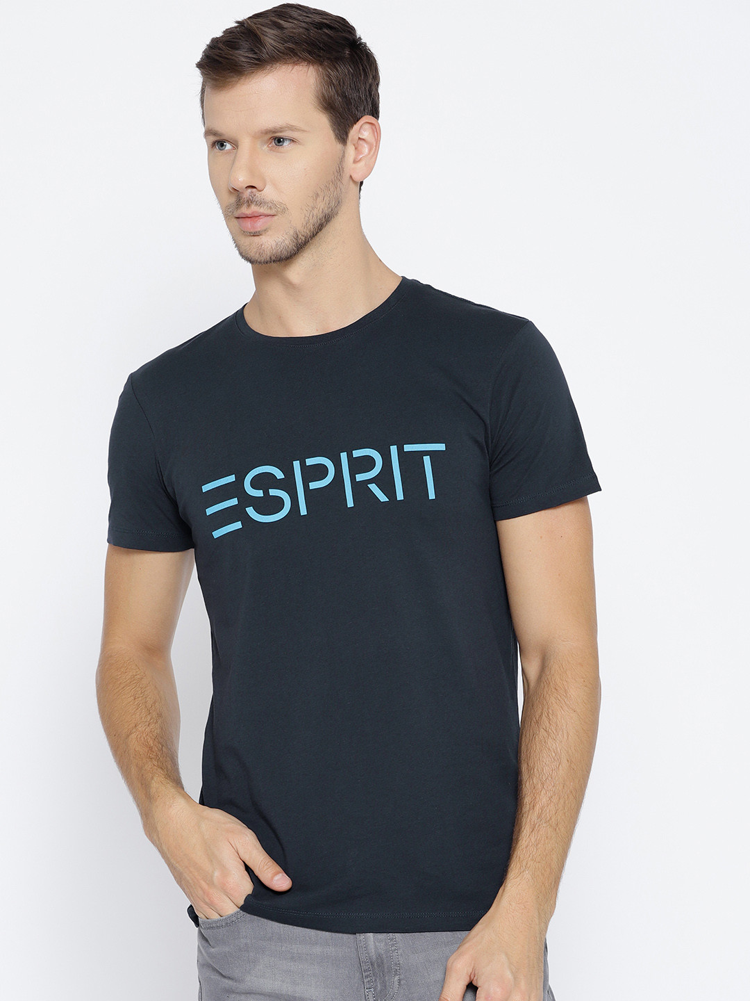 Buy ESPRIT Men Navy Blue Solid Round Neck T Shirt With Printed Detail ...