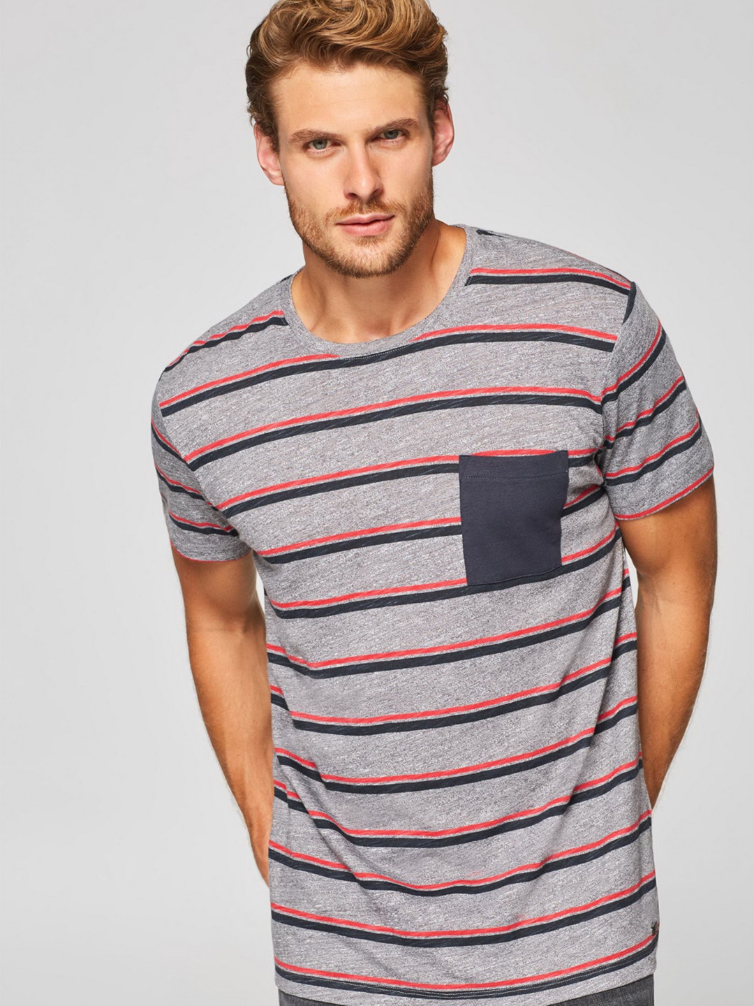 Buy ESPRIT Men Grey Melange Striped Round Neck T Shirt - Tshirts for ...