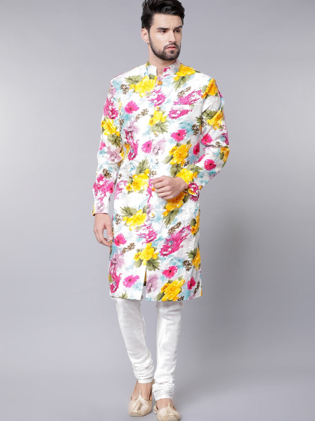 Buy Svanik Men White & Pink Printed Sherwani Set - Sherwani for Men ...