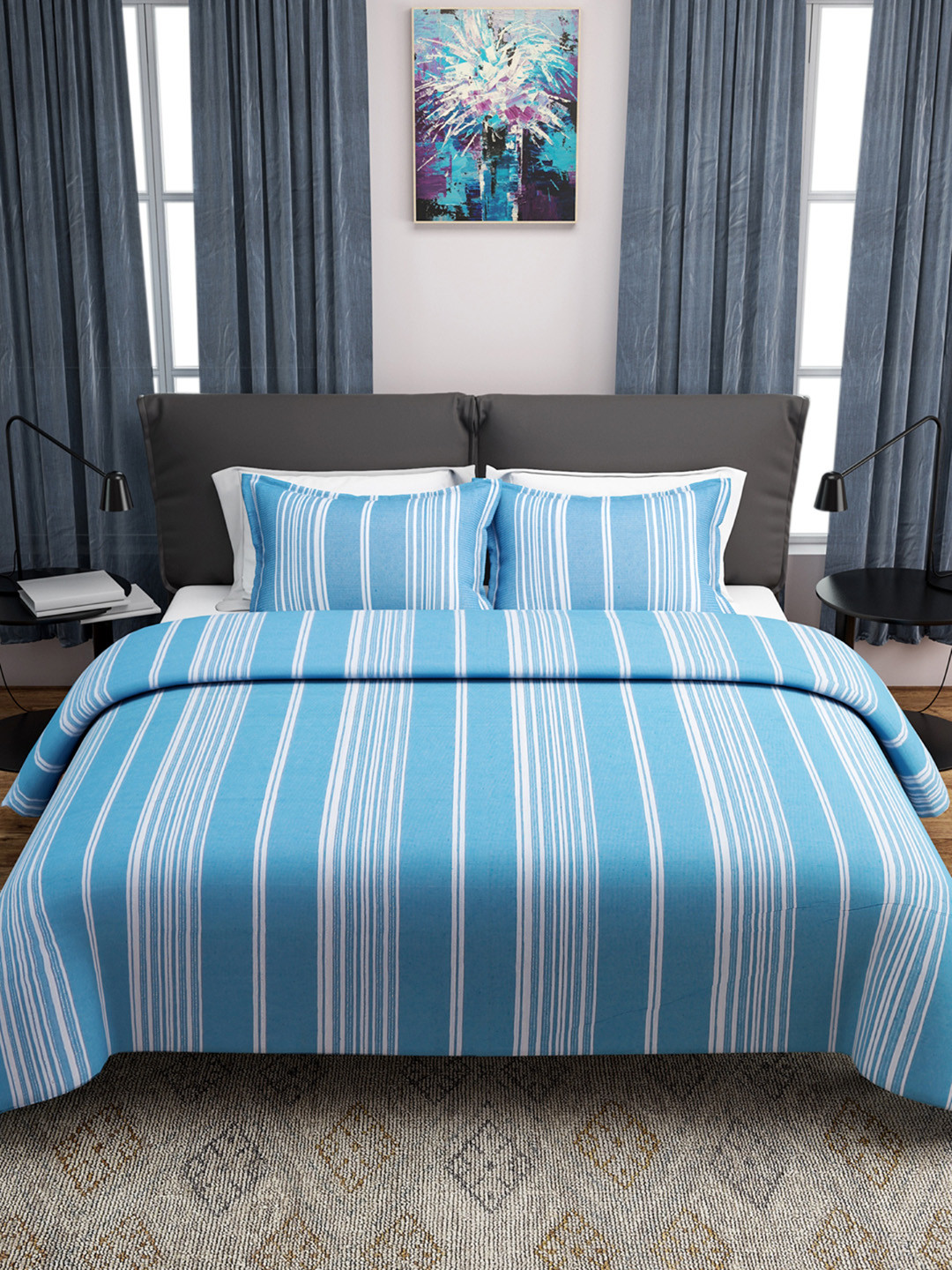 Buy ROMEE Blue & White Striped Double Bed Cover With 2 Pillow Covers ...