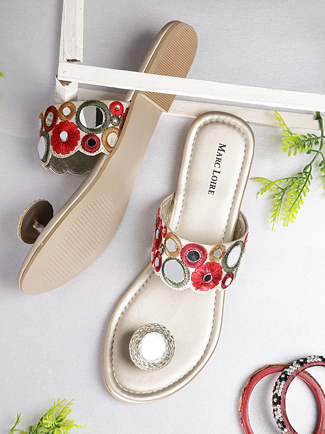 Buy Marc Loire Women Red & Gold Toned Woven Design Open Toe Flats With ...