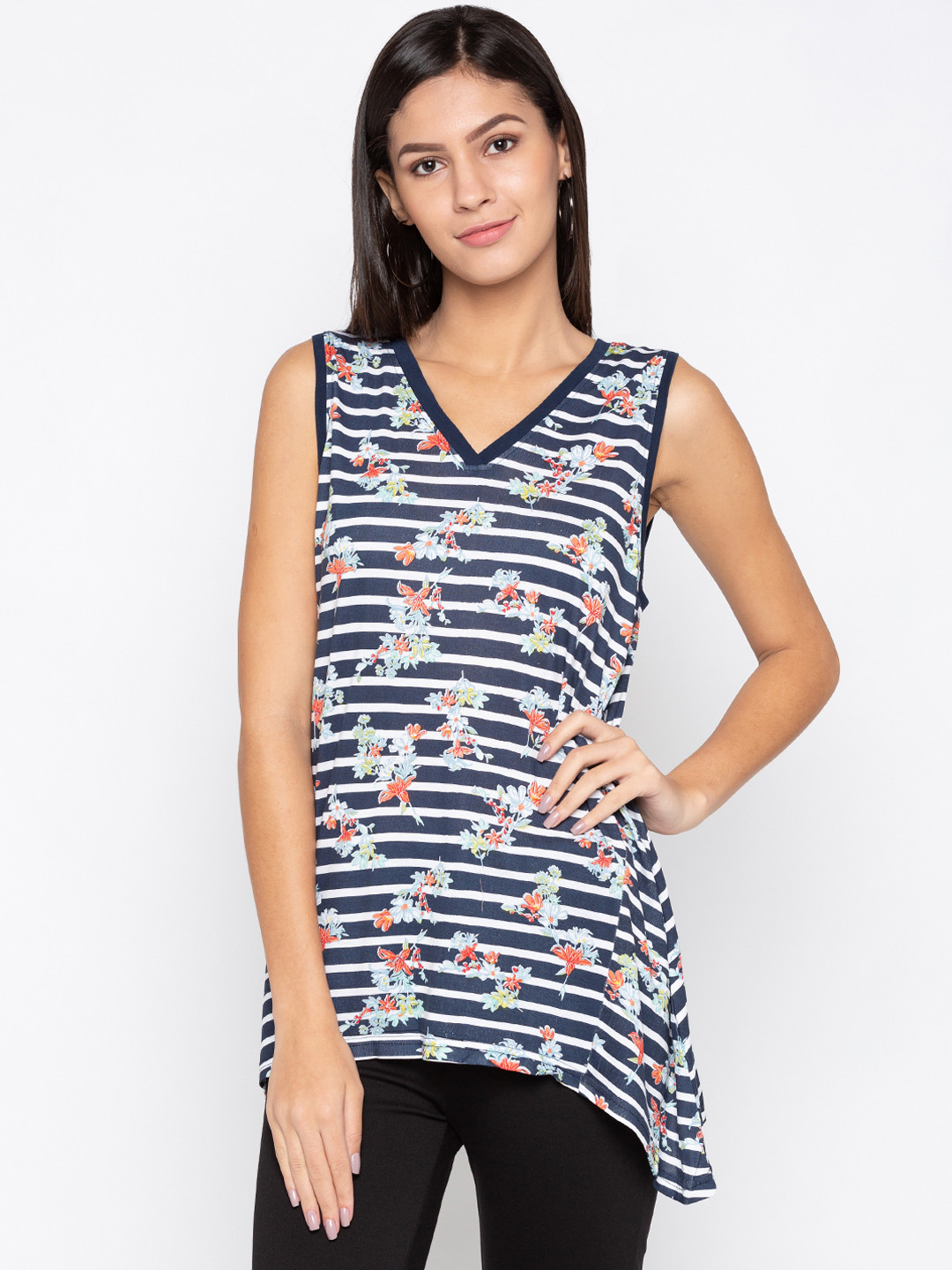 Buy Globus Women Navy Blue Printed High Low Top - Tops for Women ...