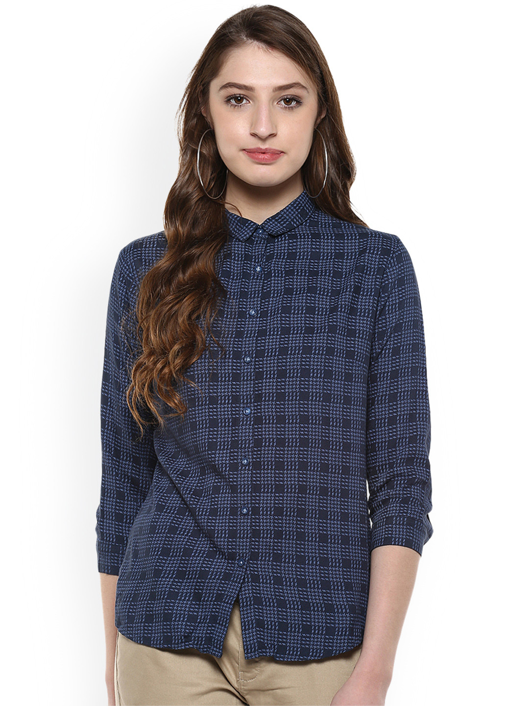 Buy Crimsoune Club Women Navy Blue & Navy Blue Slim Fit Checked Casual ...