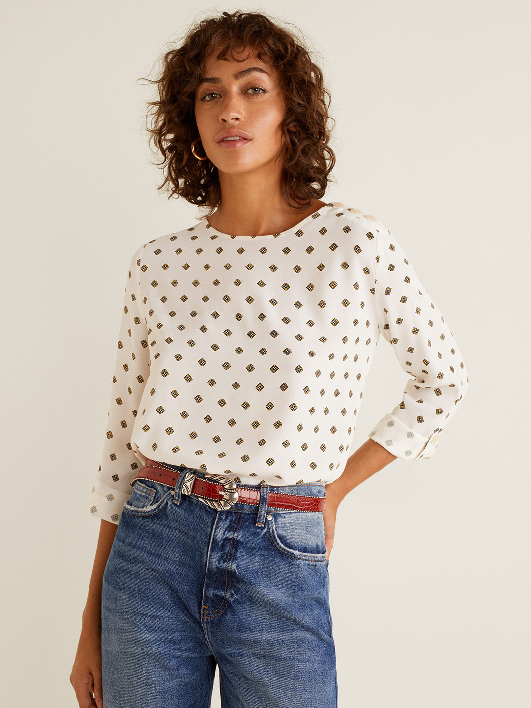 Buy MANGO Women Off White & Black Printed Top - Tops for Women 7470187 ...