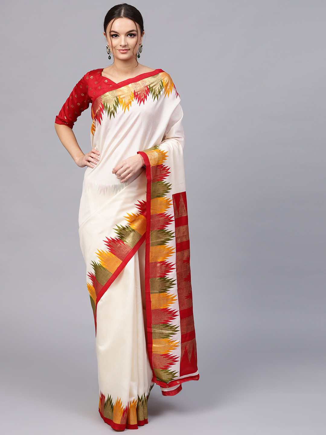 Buy Saree Mall Off White & Red Printed Kasavu Saree - Sarees for Women ...