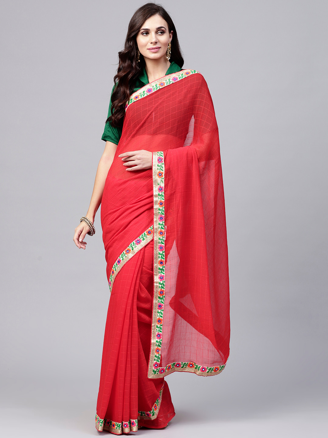 Buy Saree Mall Red Self Checked Saree - Sarees for Women 7470900 | Myntra