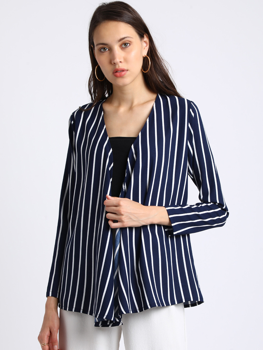 Buy Besiva Navy Blue Striped Open Front Shrug - Shrug for Women 7472910 ...