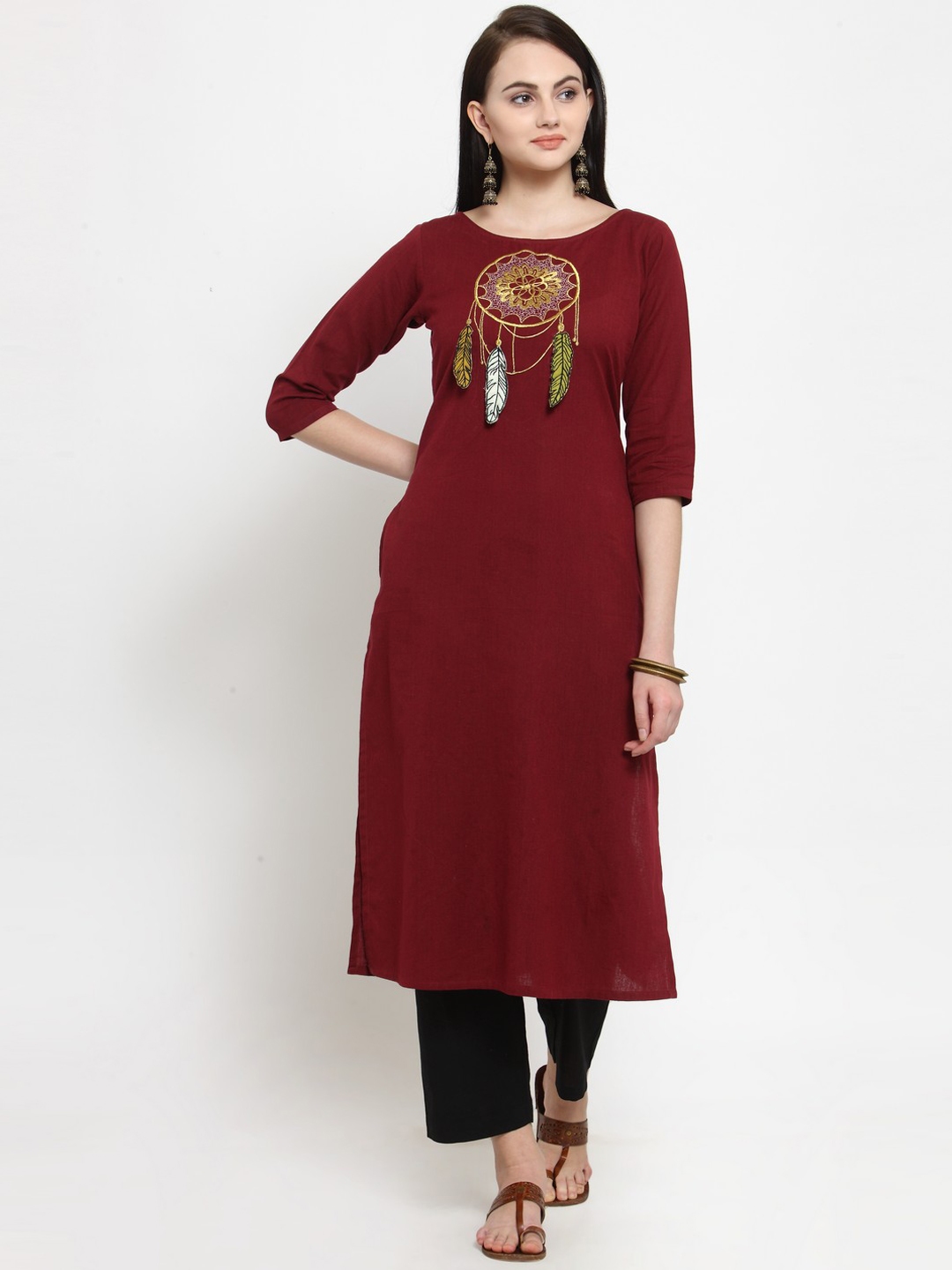Buy Rustorange Women Maroon Embroidered Straight Kurta Kurtas For