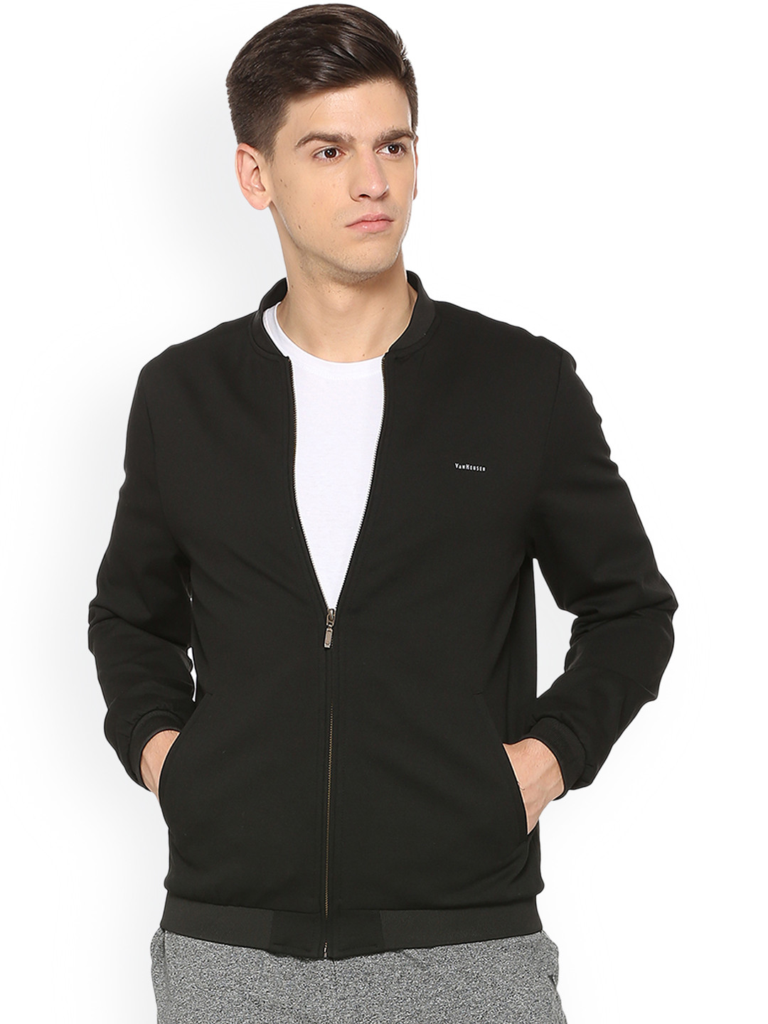 Buy Van Heusen Men Black Solid Bomber - Jackets for Men 7483574 | Myntra