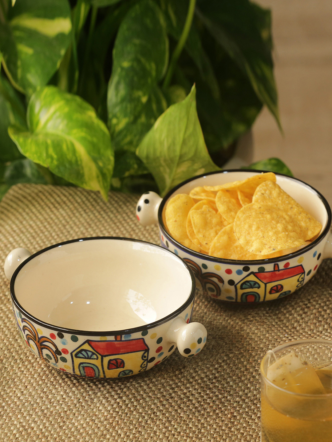 Buy ExclusiveLane Set Of 2 Pieces The Hut Handled Bowls Printed Ceramic ...