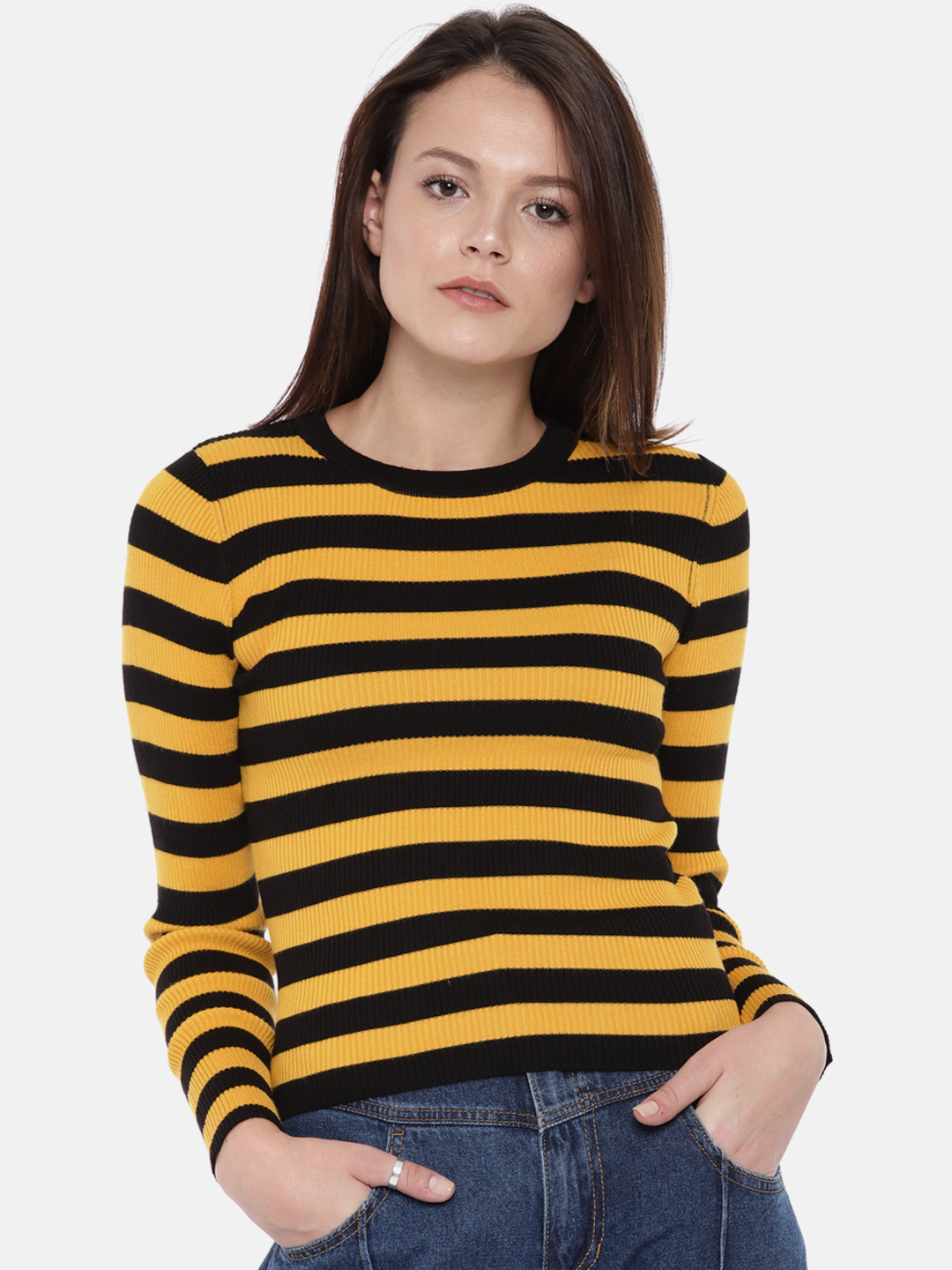 Buy FOREVER 21 Women Yellow & Black Striped Pullover - Sweaters for ...