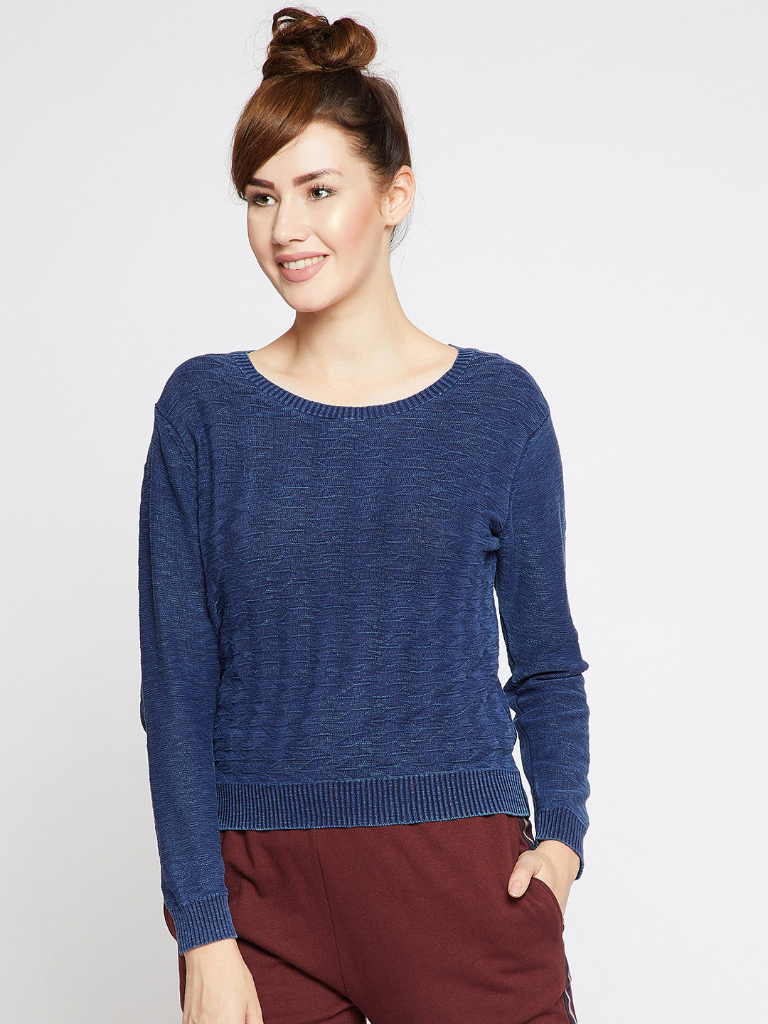 Buy RARE Women Navy Blue Self Design Pullover - Sweaters for Women ...