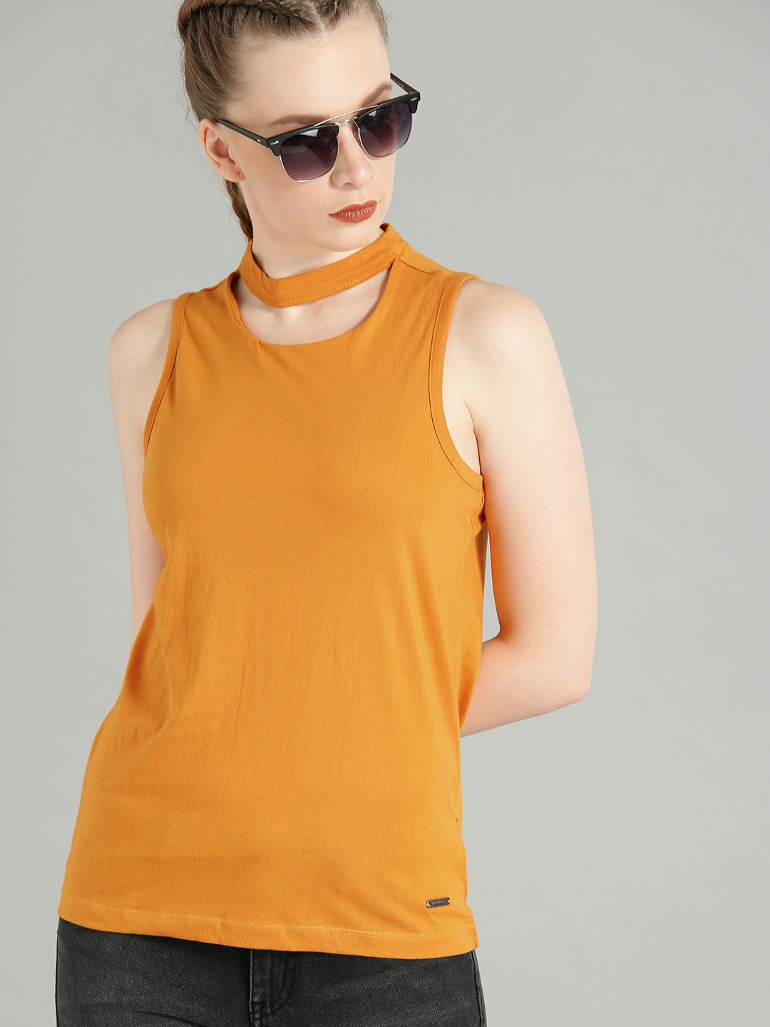 Buy Roadster Women Mustard Yellow Solid Pure Cotton Top - Tops for ...