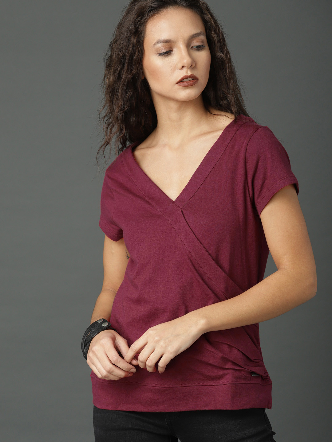 Buy Roadster Women Burgundy Solid Pure Cotton Top - Tops for Women ...