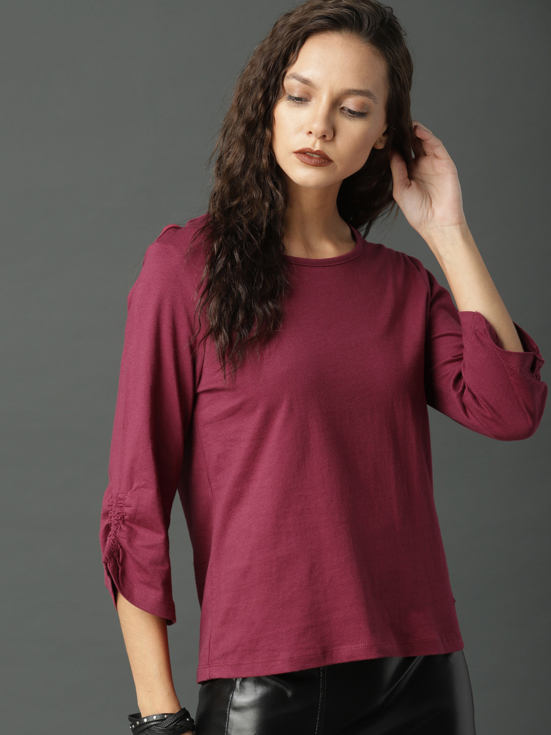 Buy Roadster Women Maroon Solid Pure Cotton Top With Sleeve Gathers ...