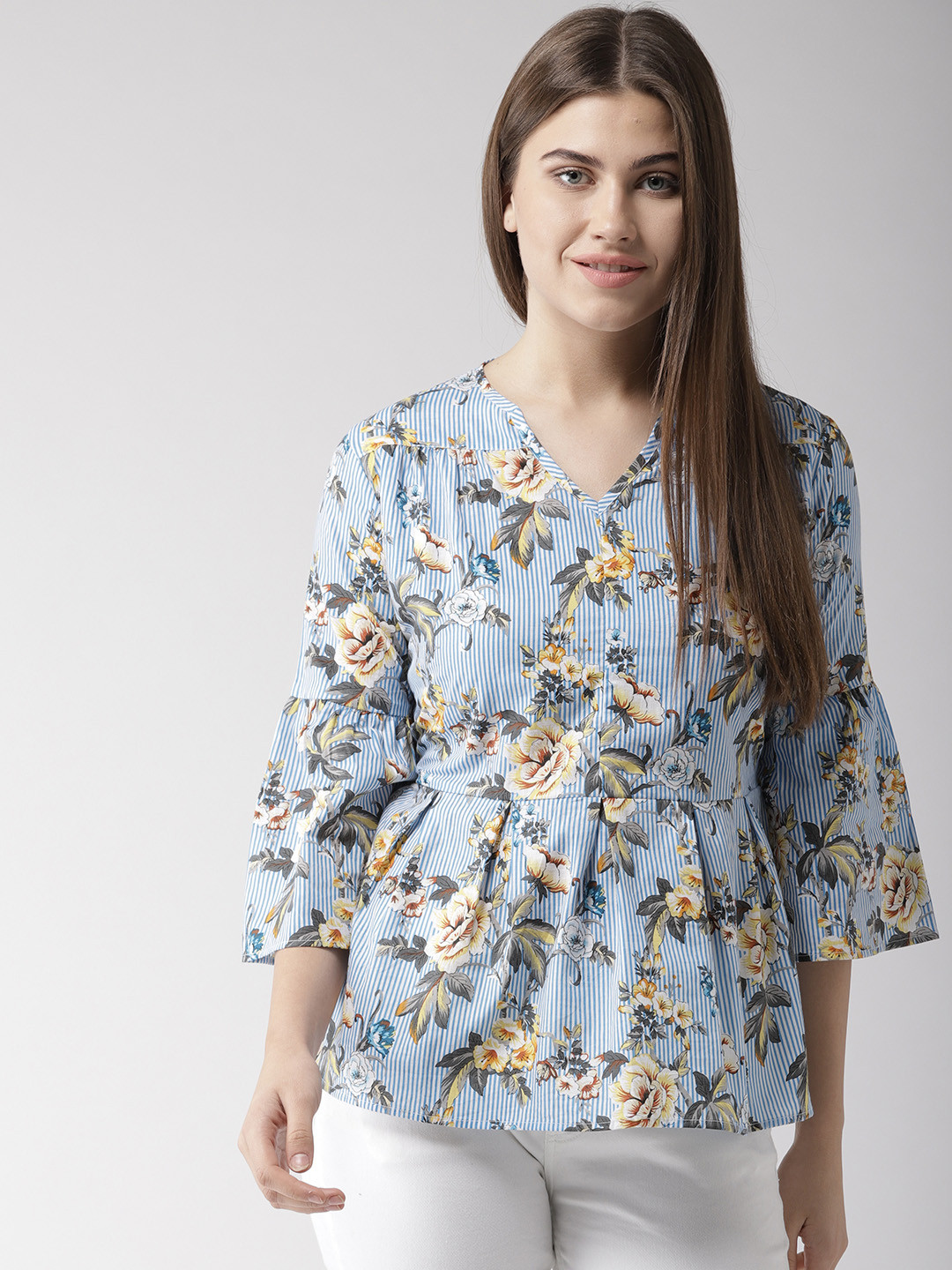 Buy Style Quotient Women Blue & Yellow Striped A Line Top - Tops for ...