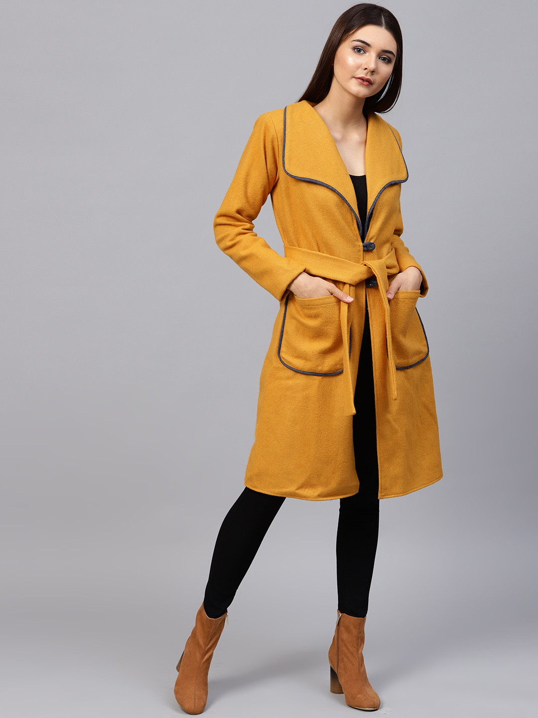 Buy Athena Women Mustard Yellow Solid Longline Overcoat - Coats for ...