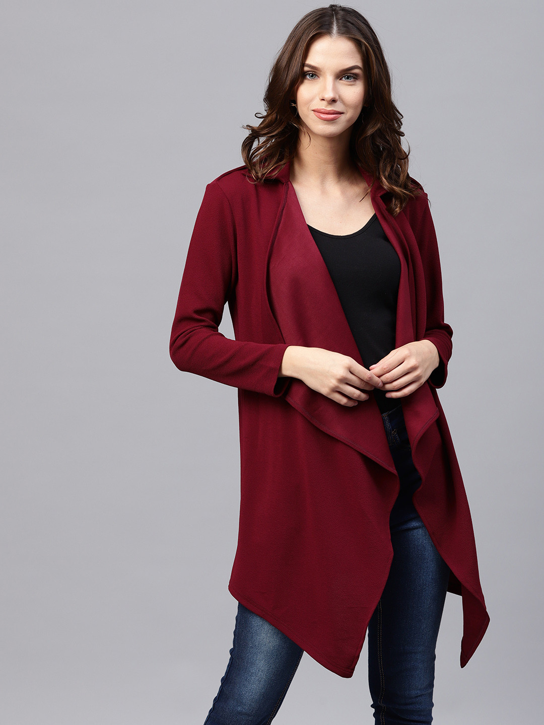 Buy Athena Maroon Solid Longline Waterfall Shrug - Shrug for Women ...