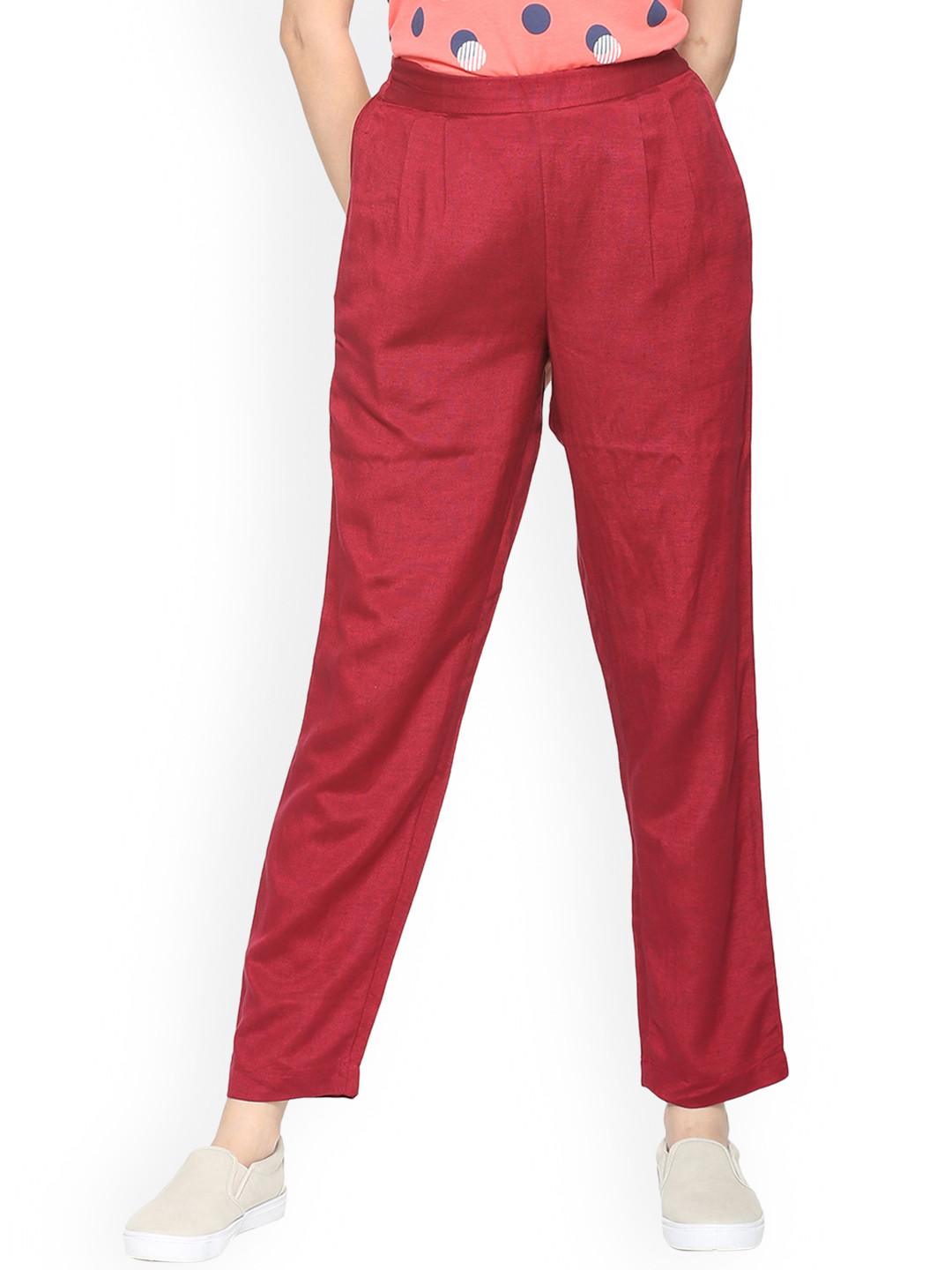 Buy People Women Red Regular Fit Solid Regular Trousers - Trousers for ...