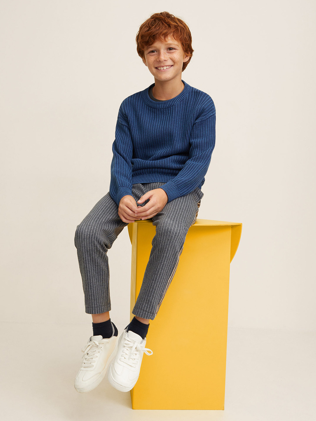 Buy Mango Kids Boys Grey Regular Fit Striped Regular Trousers ...