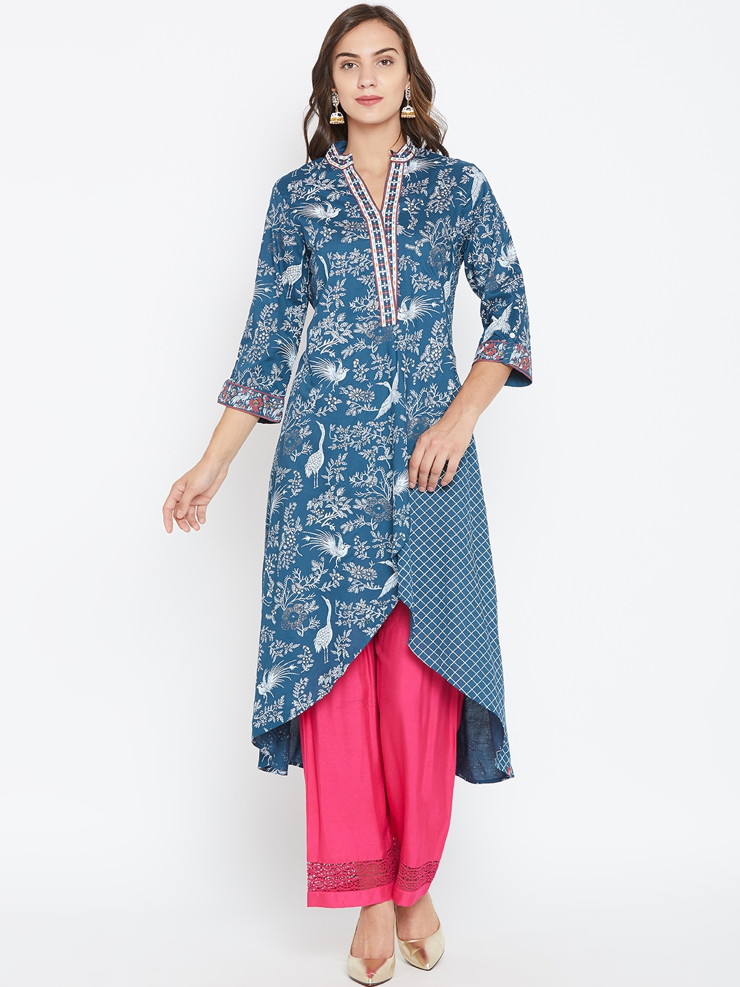 Buy Biba Women Teal Blue And White Printed A Line Kurta Kurtas For