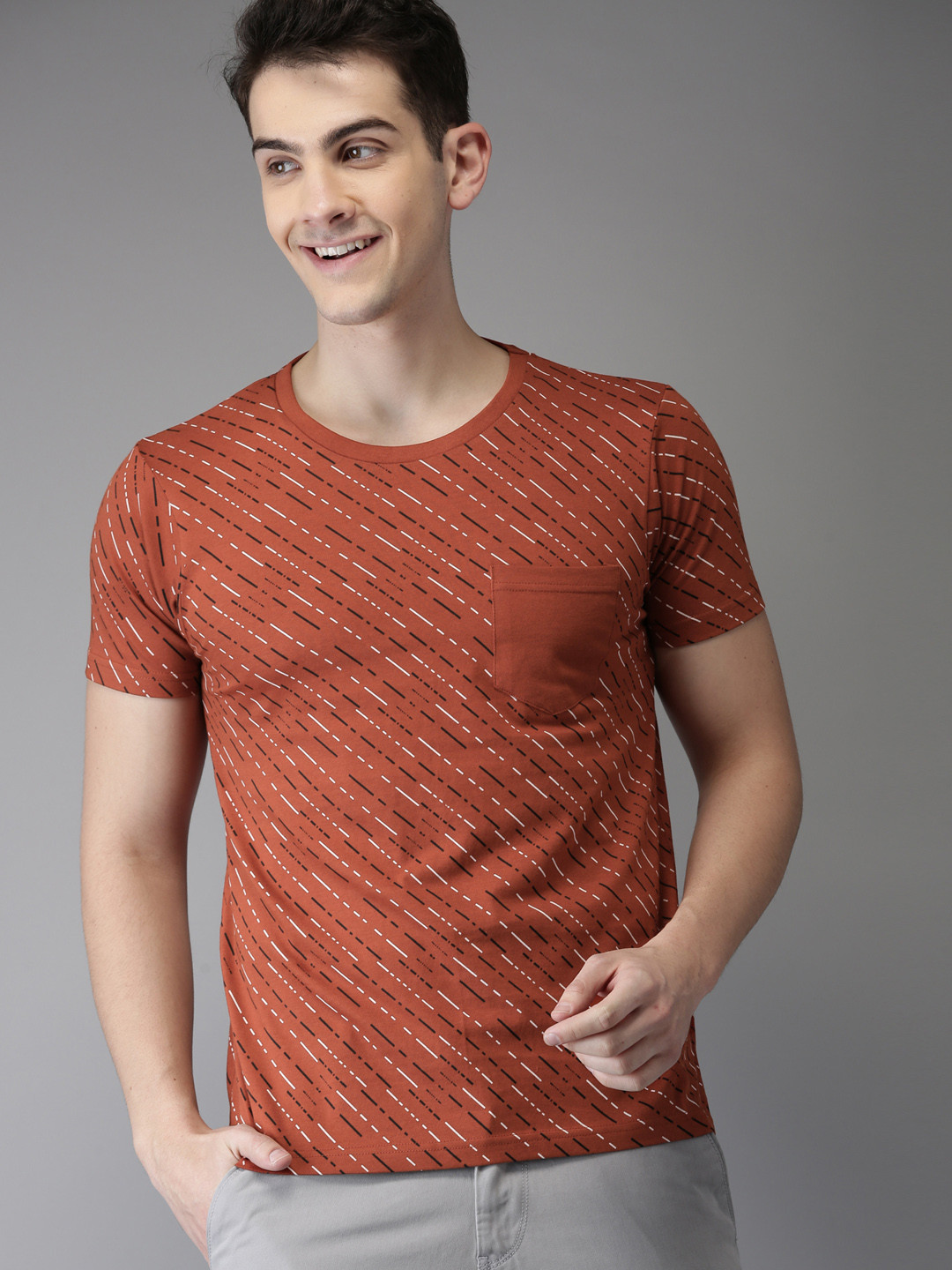 Buy HERENOW Men Rust Brown Printed Round Neck Pure Cotton T Shirt ...