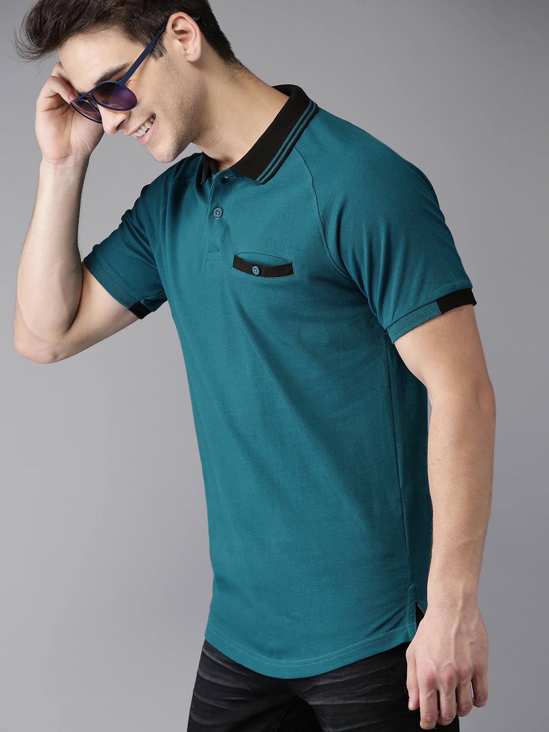 Buy HERENOW Men Teal Blue Polo Collar Cotton Pure Cotton T Shirt ...
