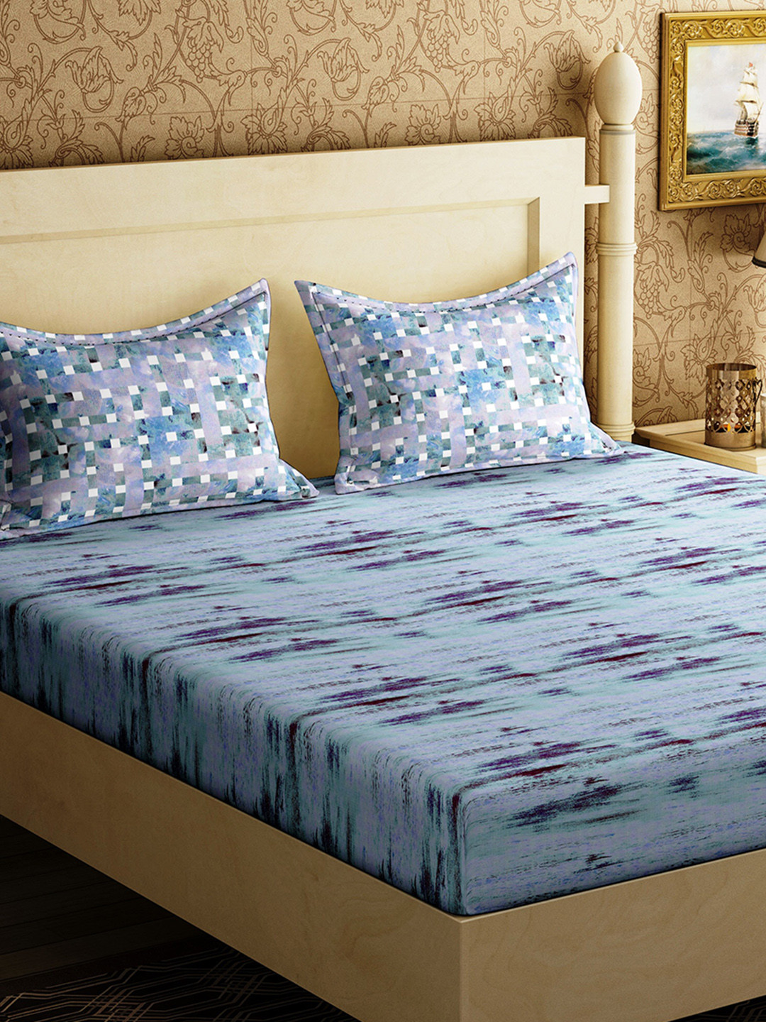 Buy EverHOME Blue Abstract Flat 144 TC Cotton King Bedsheet With 2 ...