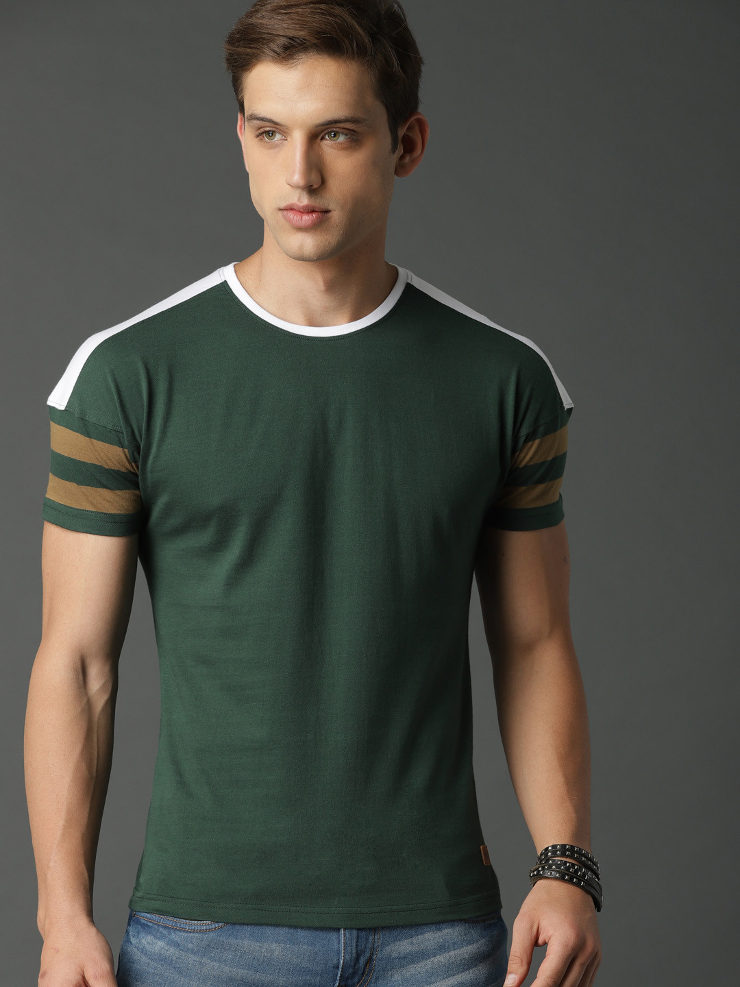 Buy Roadster Men Green Solid Varsity Stripe Round Neck Pure Cotton T ...