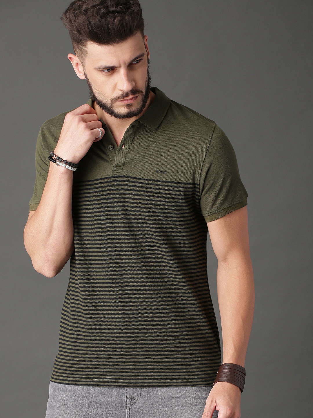 Buy Roadster Men Olive Green Striped Polo Collar Pure Cotton T Shirt ...