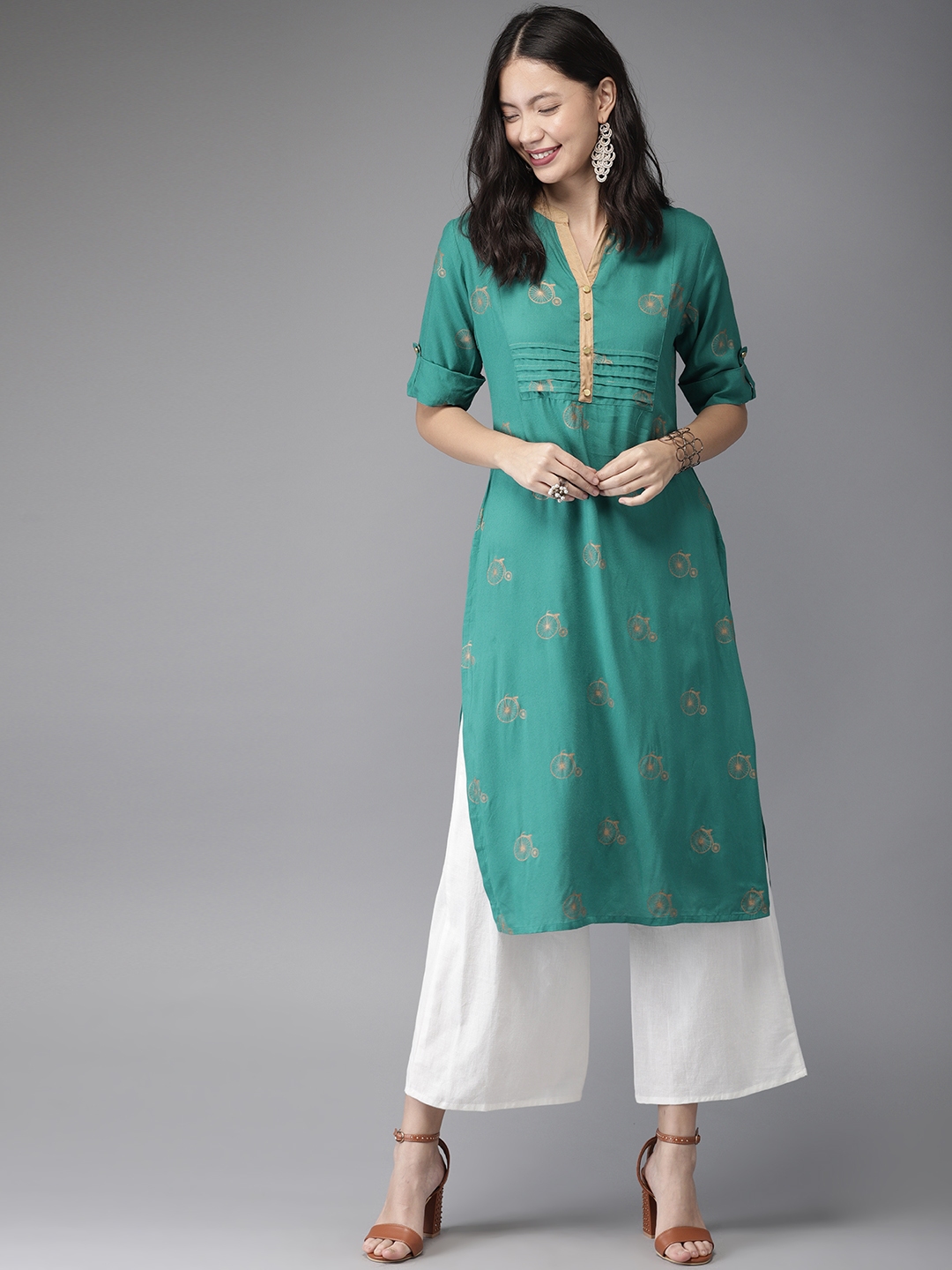 Buy Hereandnow Women Teal Green And Gold Coloured Quirky Print Straight