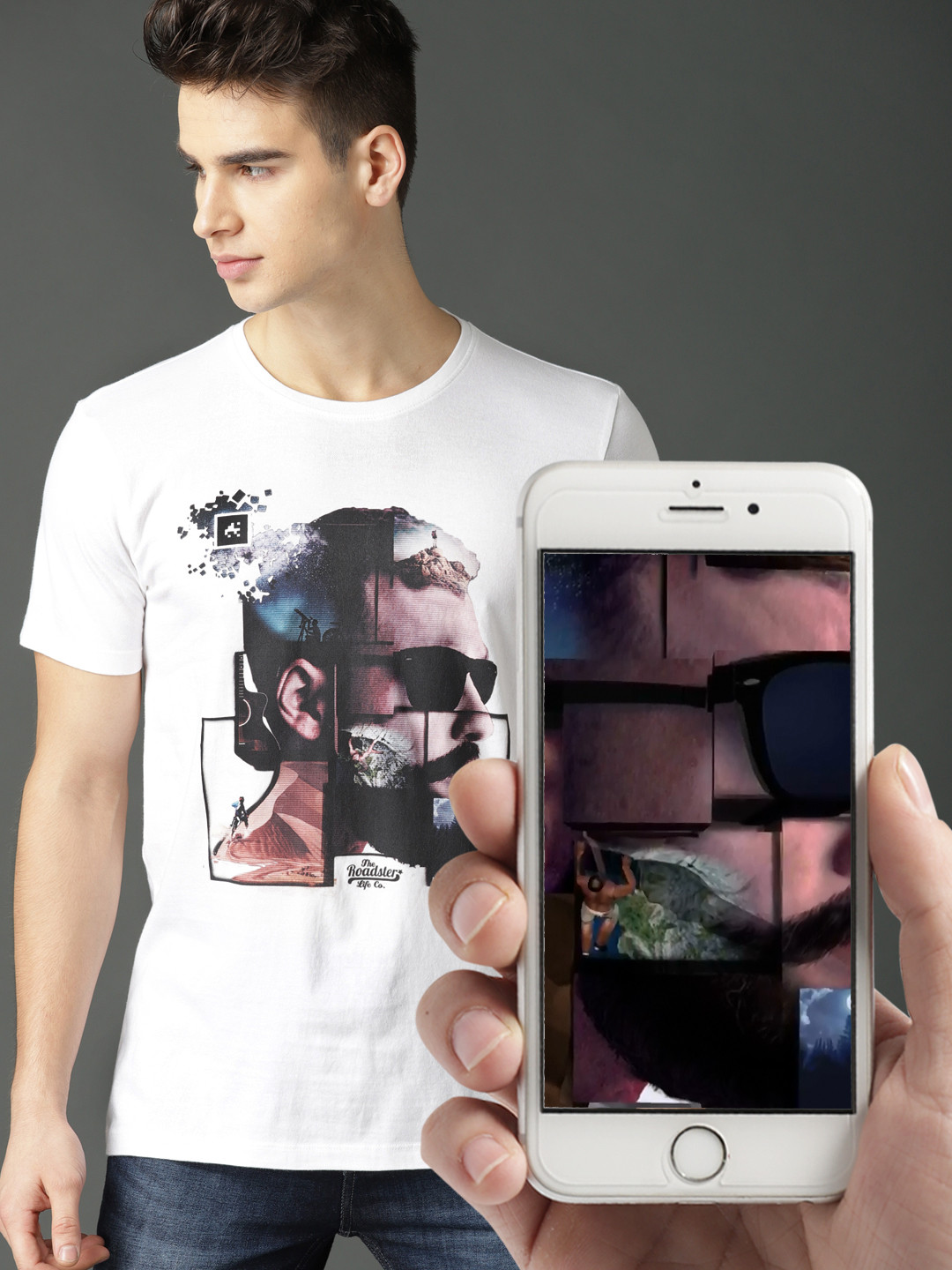Buy Roadster Men White Augmented Reality Print Pure Cotton T Shirt ...