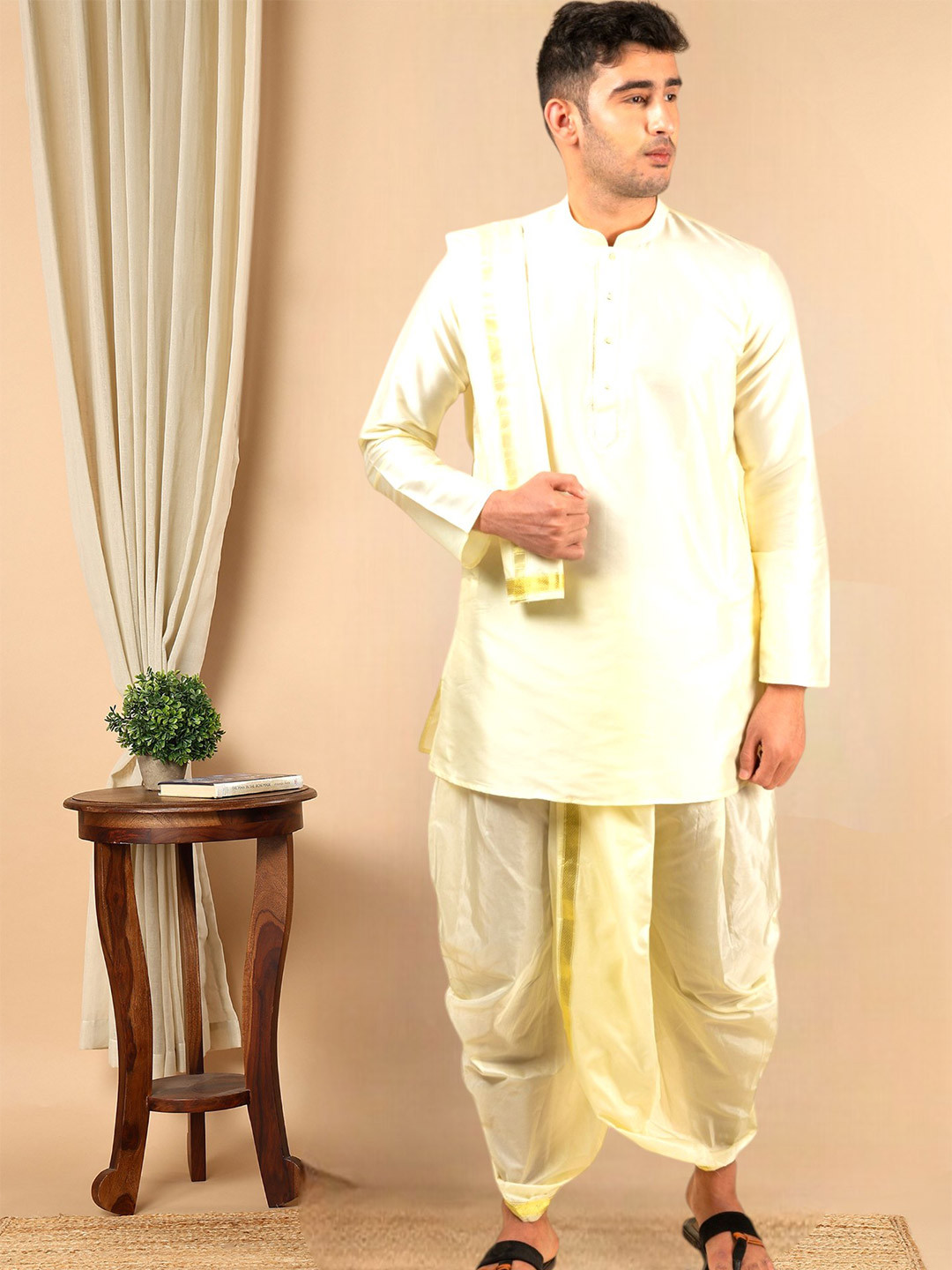 Buy TATTVA Men Cream Coloured & Solid Kurta With Dhoti Pants & Dupatta ...