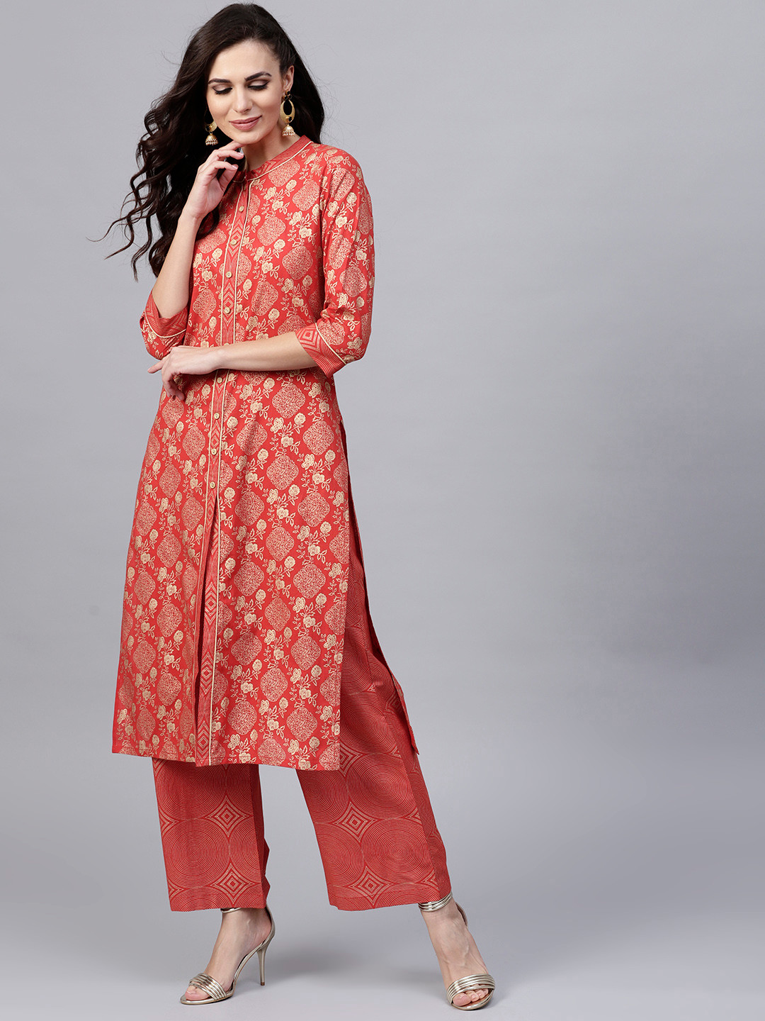 Buy AKS Women Rust Red & Gold Toned Khari Print Kurta With Palazzos ...