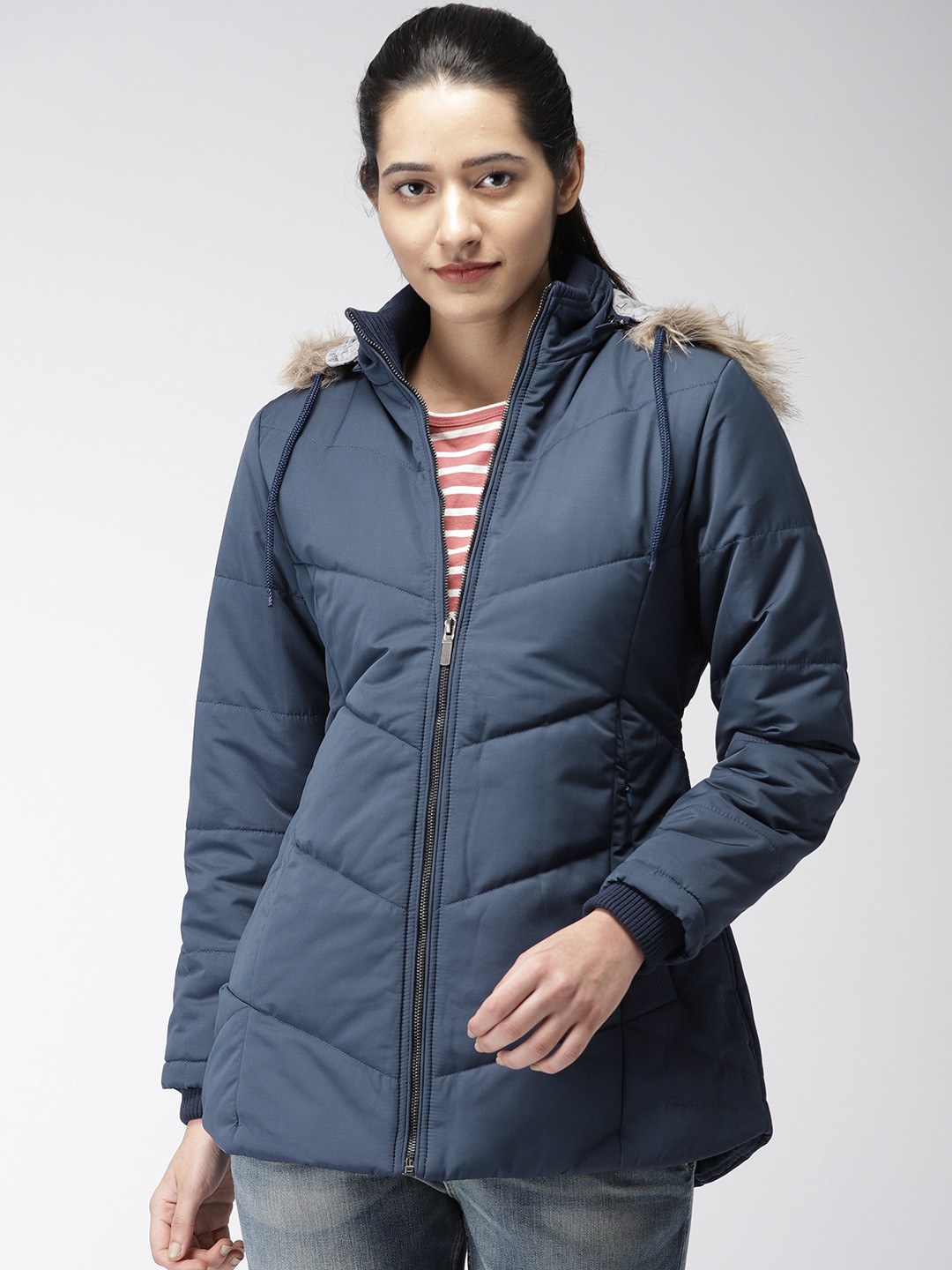 Buy Fort Collins Women Blue Solid Puffer Jacket With Detachable Hood ...