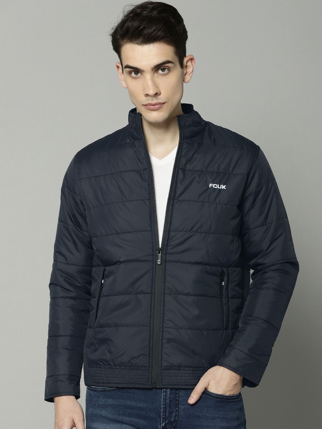 Buy French Connection Navy Blue Solid Padded Jacket - Jackets for Men ...