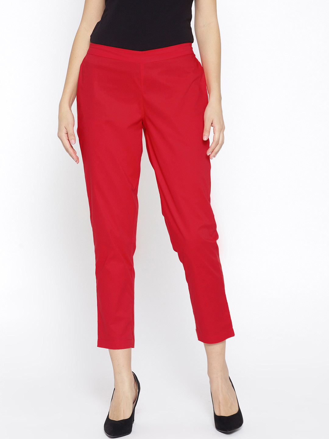 Buy Ayaany Women Red Regular Fit Solid Cropped Trousers - Trousers for ...