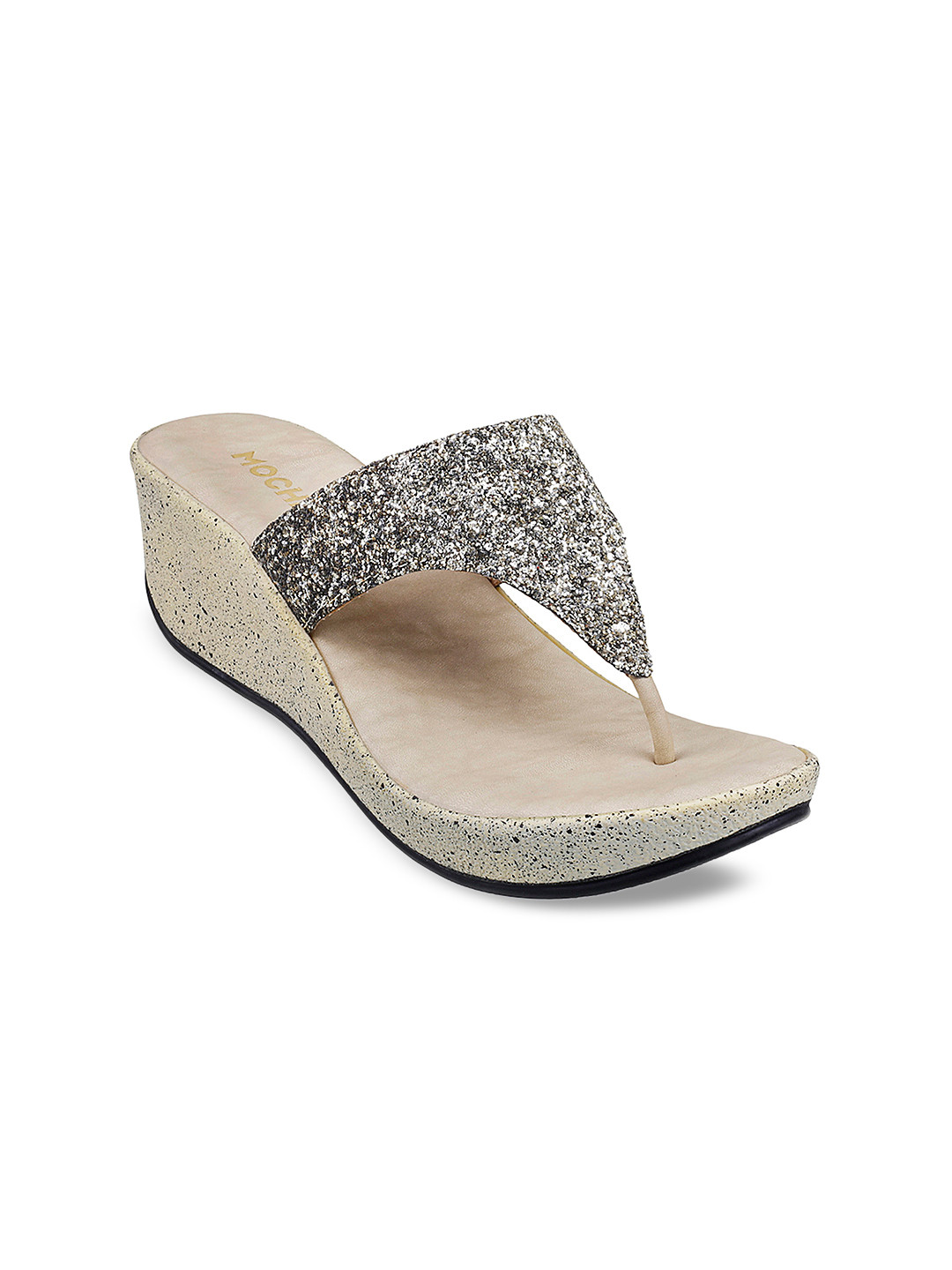 Buy Mochi Women Beige & Silver Toned Embellished Sandals - Heels for ...