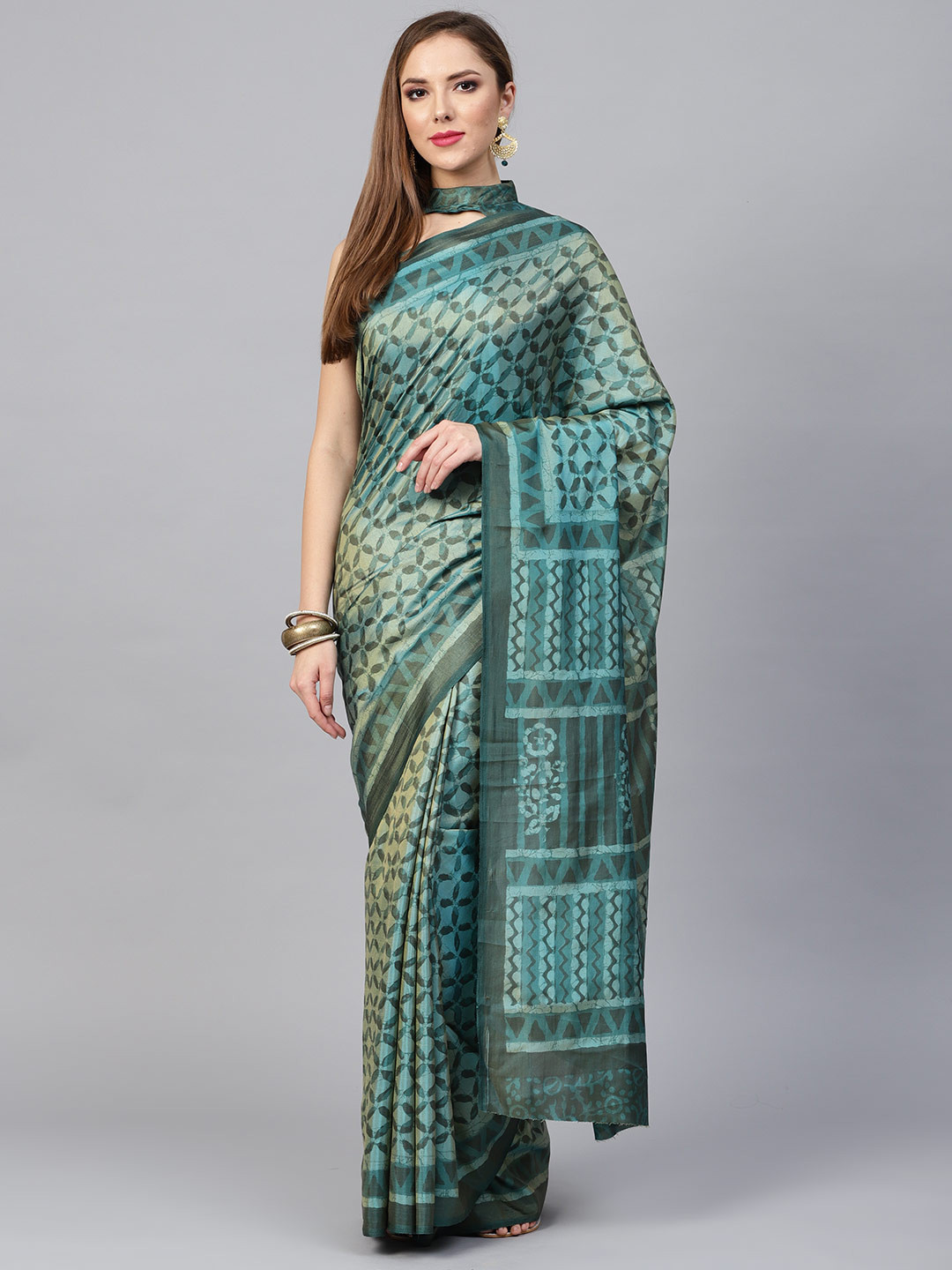 Buy Saree Mall Blue Block Block Print Saree - Sarees for Women 7643801 ...