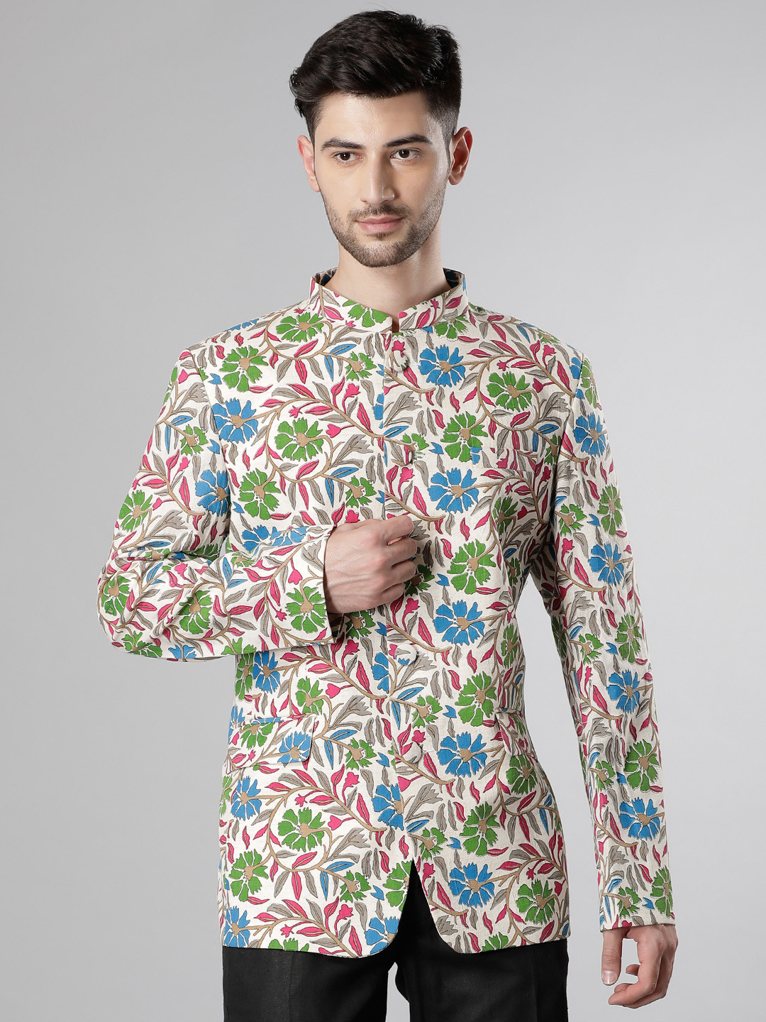 Buy Svanik White & Green Cotton Linen Printed Bandhgala Blazer ...