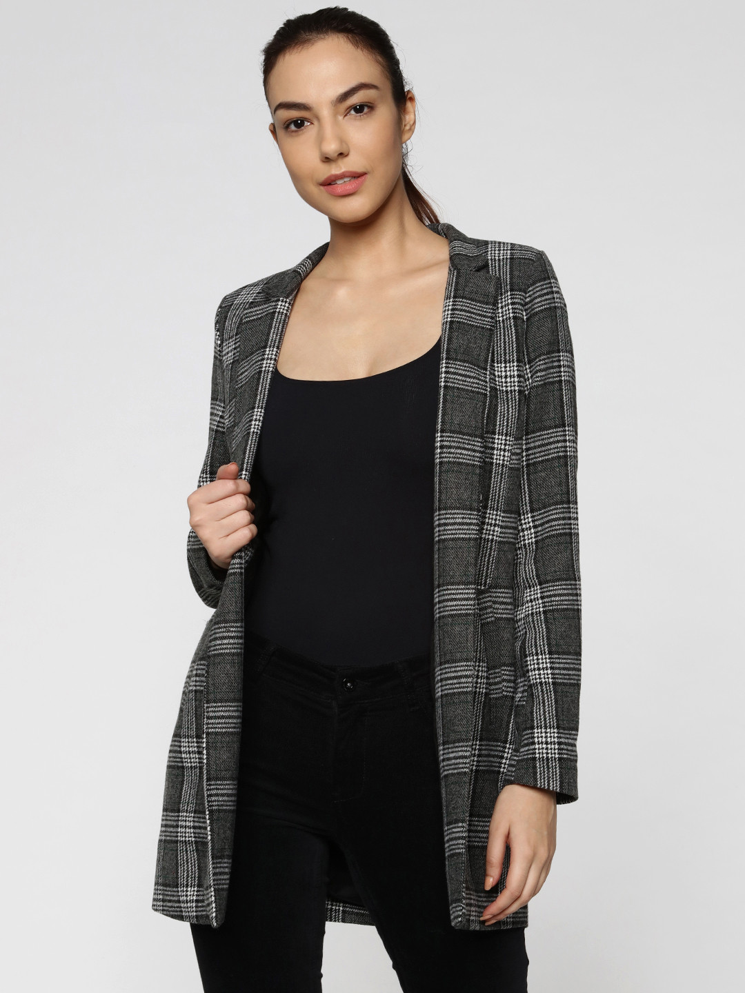 Buy ONLY Women Charcoal Grey & Black Checked Open Front Jacket ...