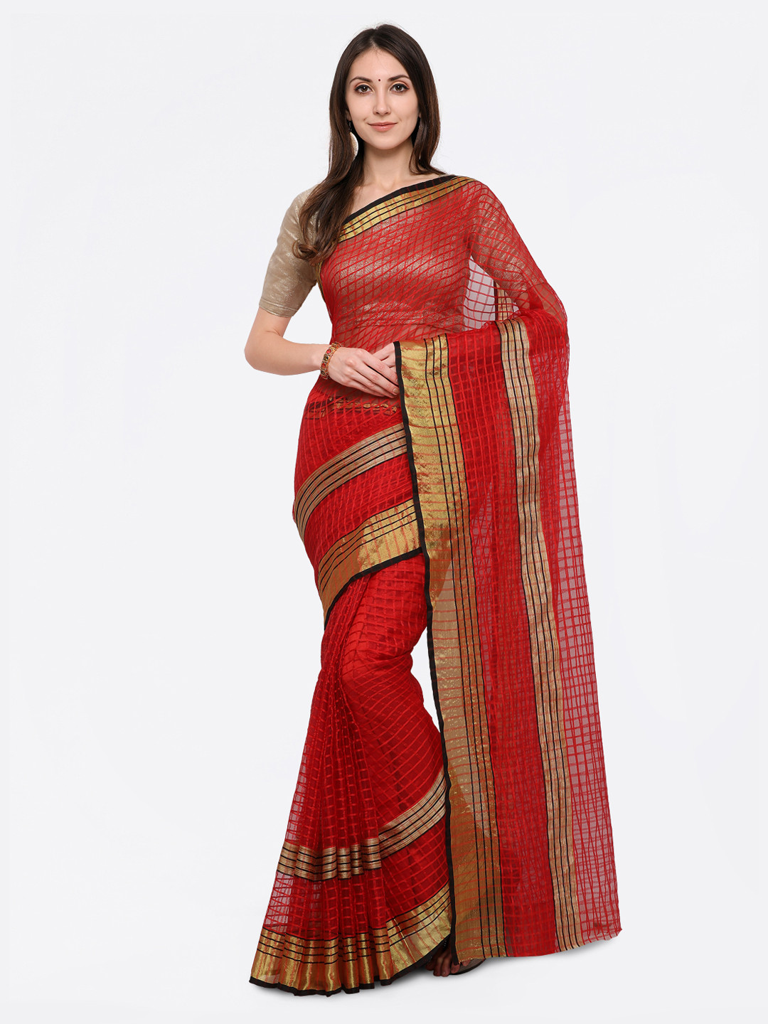 Buy MOKSHA DESIGNS Red & Gold Toned Printed Saree - Sarees for Women ...